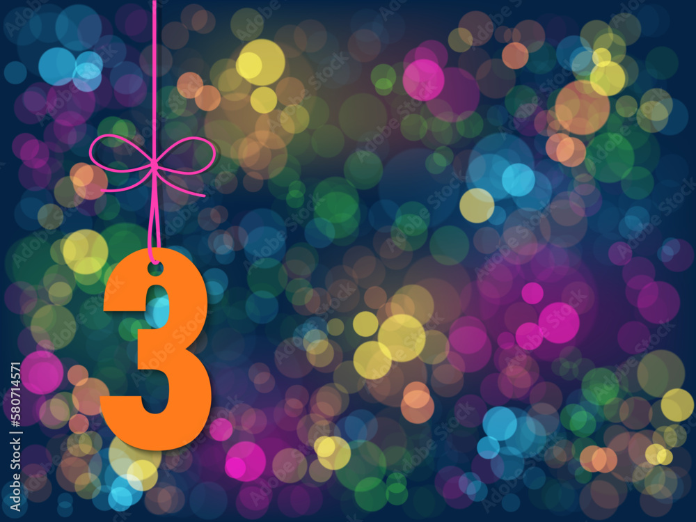 No 3 suspended by string on background of colorful bokeh lights Stock ...