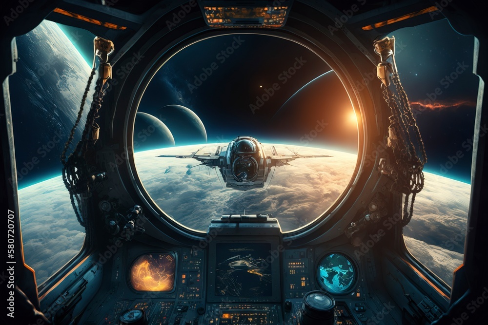 The cockpit of a spaceship, crossing the interstellar space and flying ...