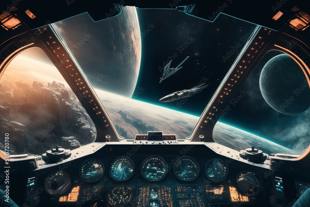 The cockpit of a spaceship, crossing the interstellar space and flying ...
