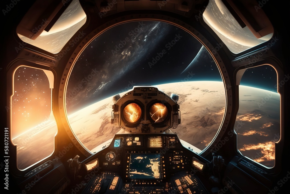 The cockpit of a spaceship, crossing the interstellar space and flying ...