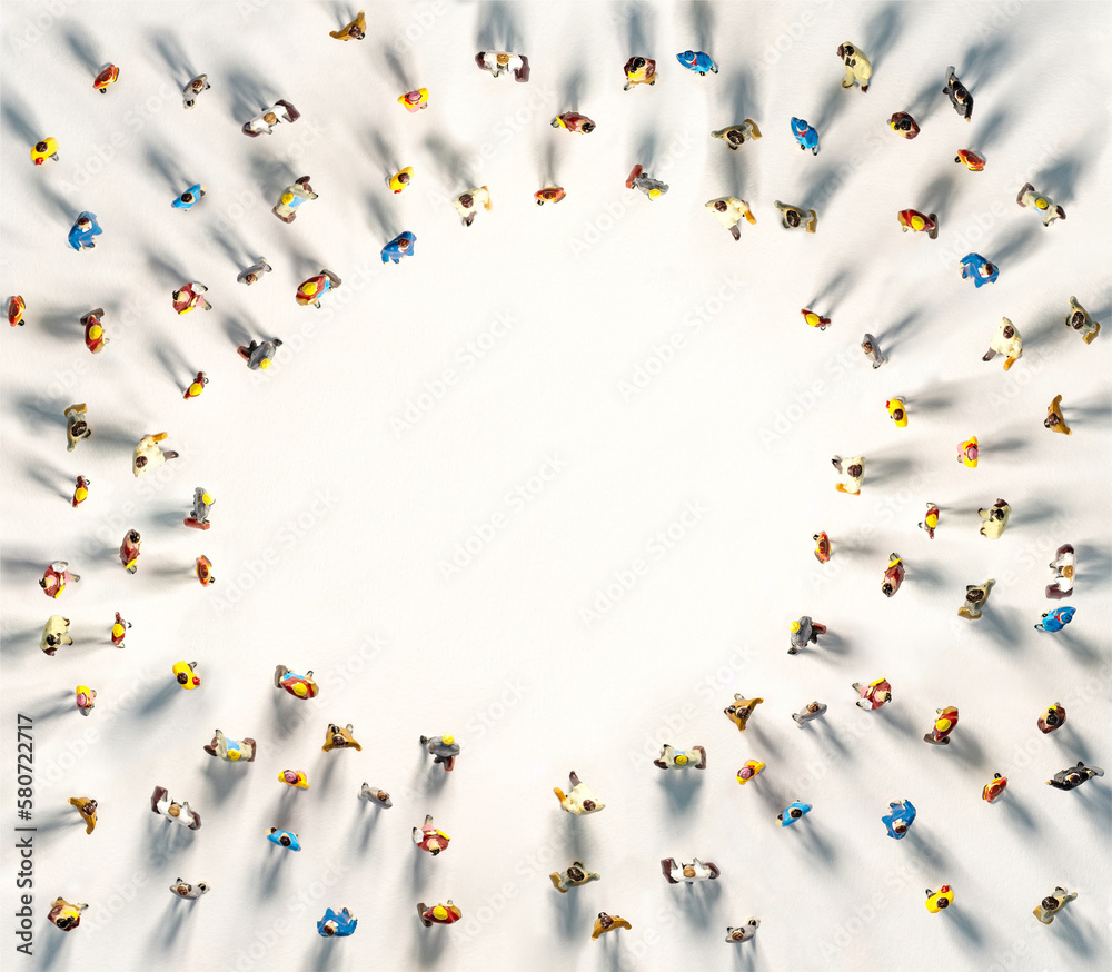 crowd of people standing in a shape of a circle. male and female ...