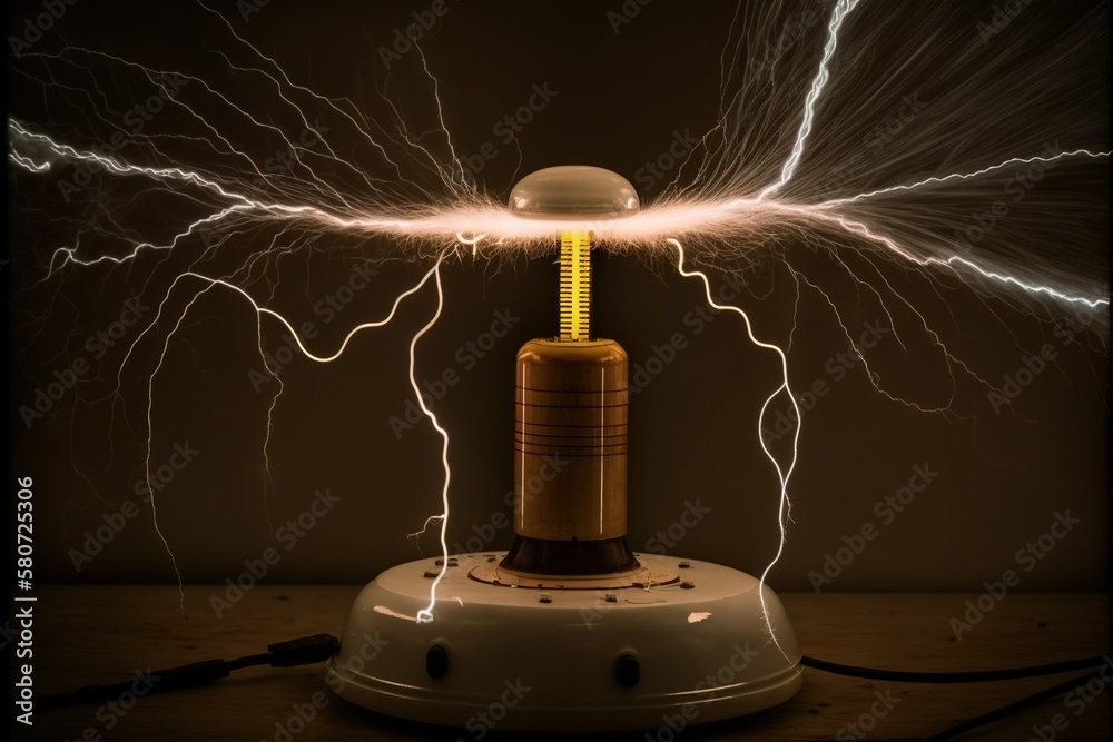 Tesla coil electrostatic discharge experiment on a table on dark ...