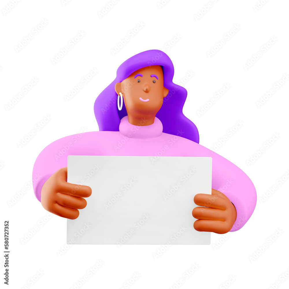 3d illustration. Cartoon girl 3d character with big white banner. Stock ...