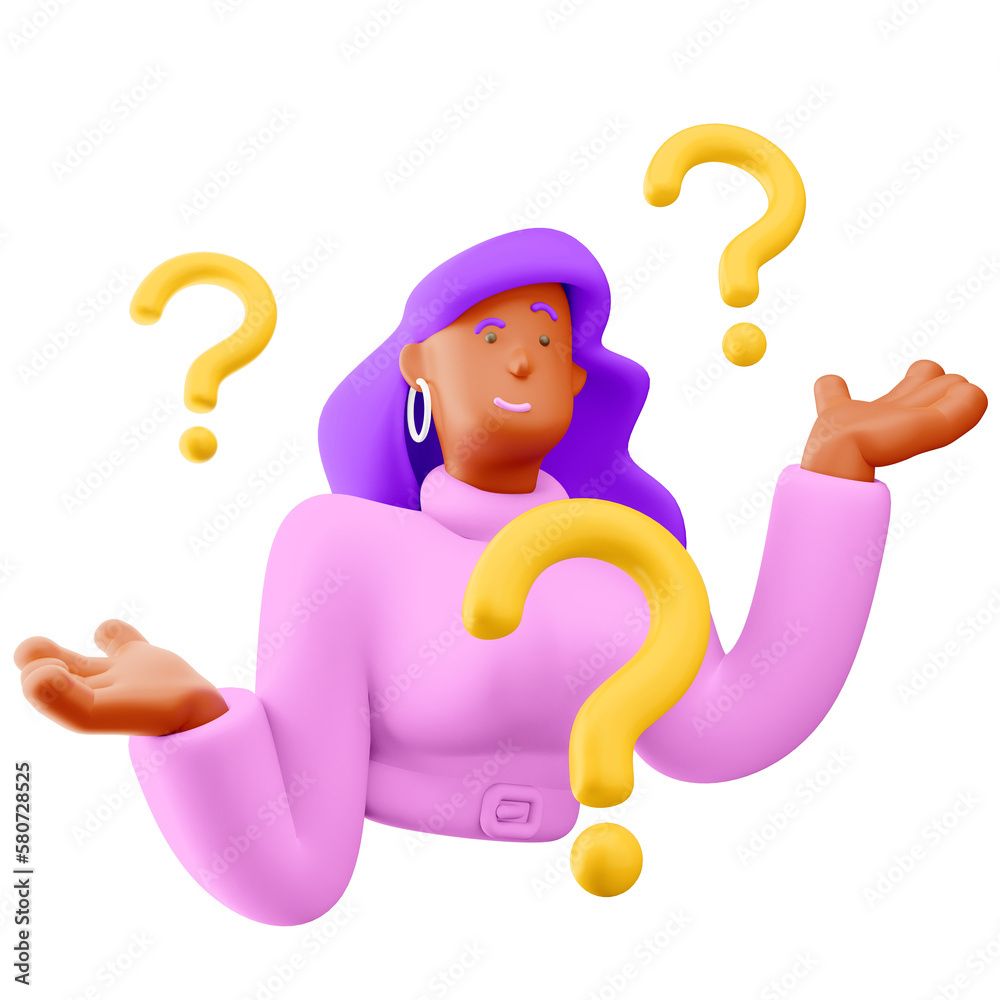 3d illustration. Cartoon girl 3d character with question mark sign ...