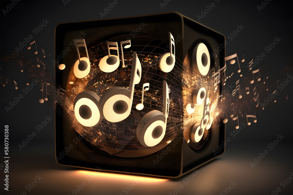 Music notes coming out of an box. 3D rendering. Abstract background.3d ...