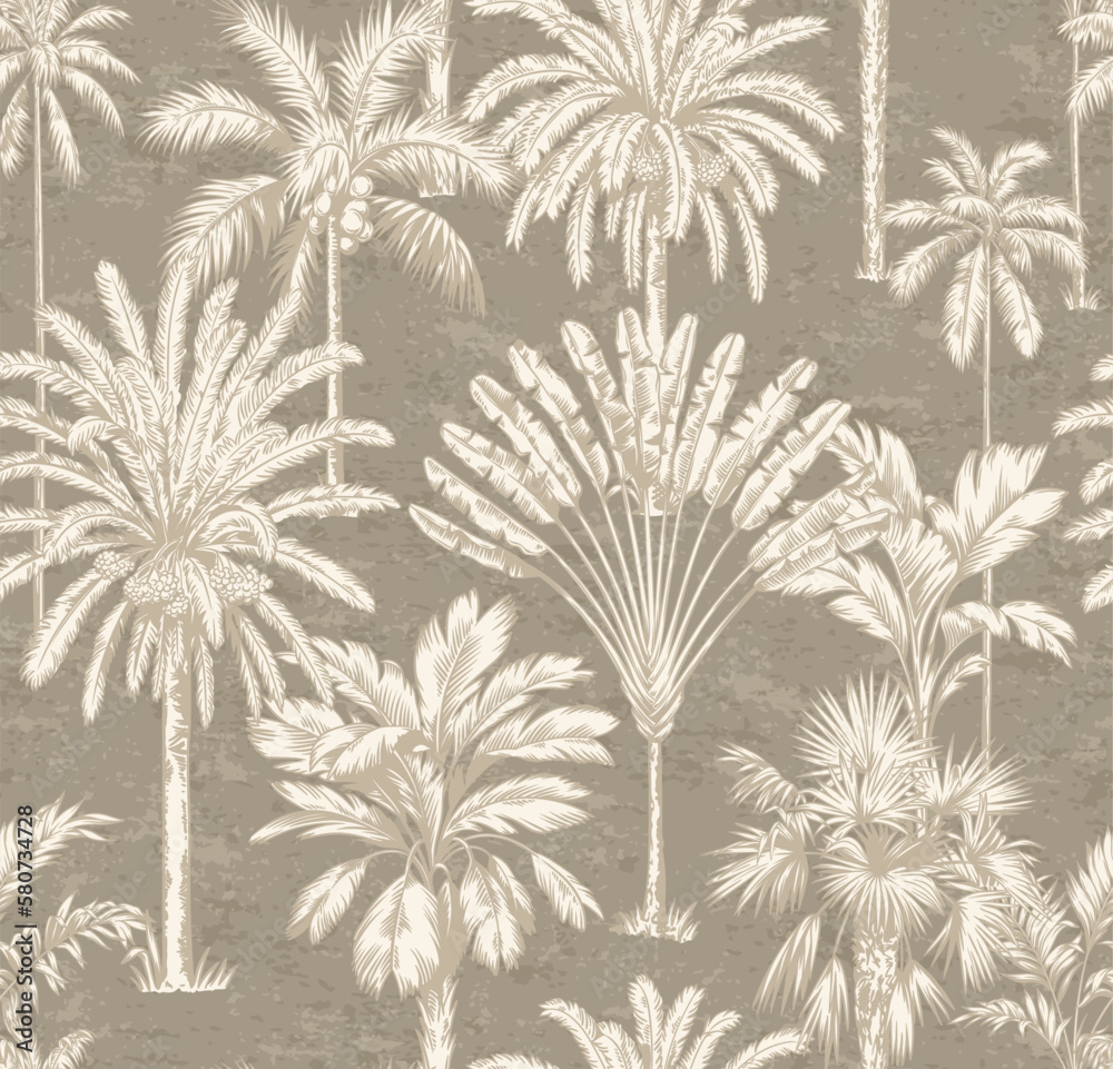 Vintage seamless pattern with tropical palms. Trees in linear style ...