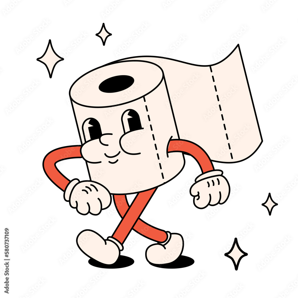 Funny happy cartoon toilet paper roll. The style of the 60s, 70s ...