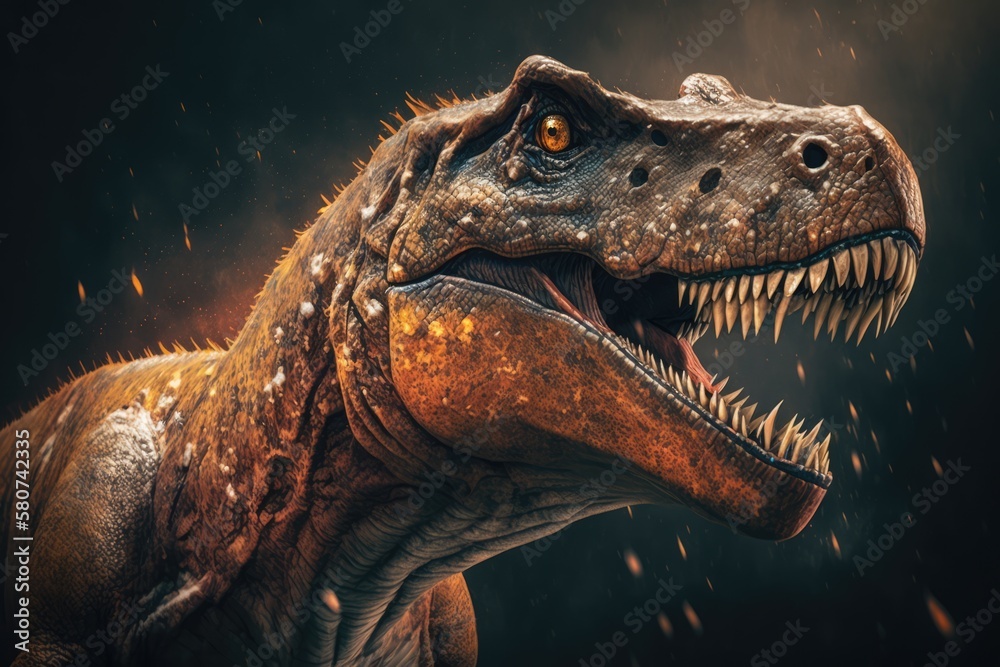 Tyrannosaurus rex roaring over fire sparks and smoke clouds, created ...