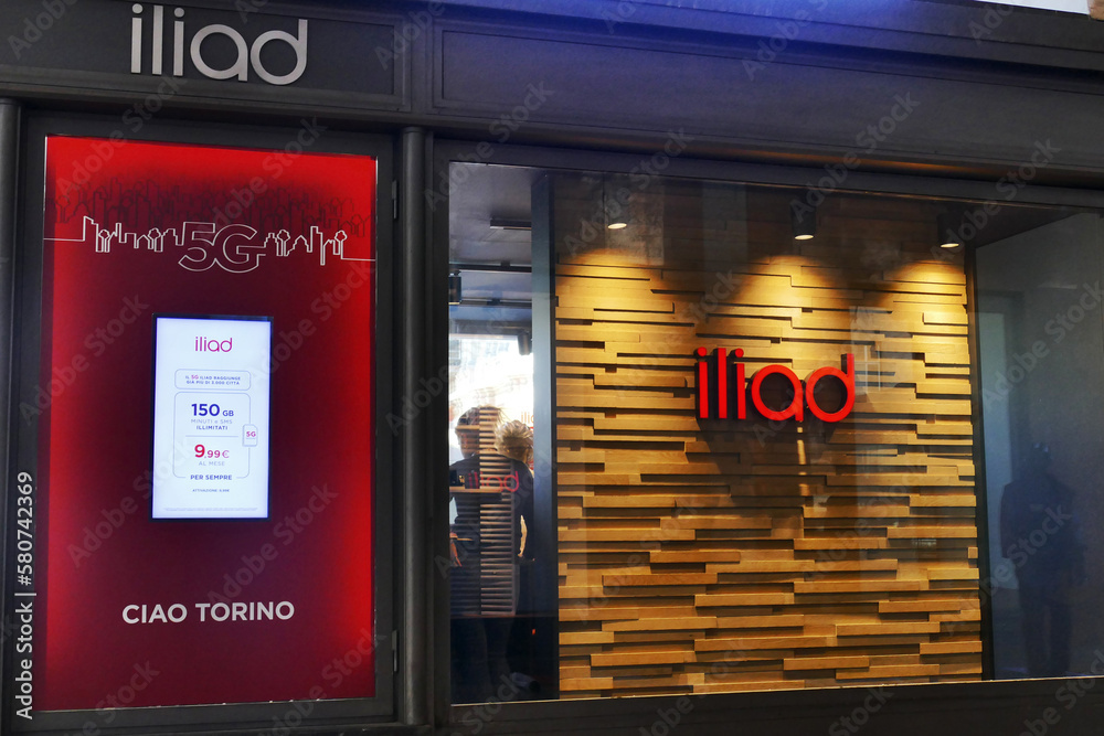 ILIAD telecomunication company front window exterior view Turin Italy ...