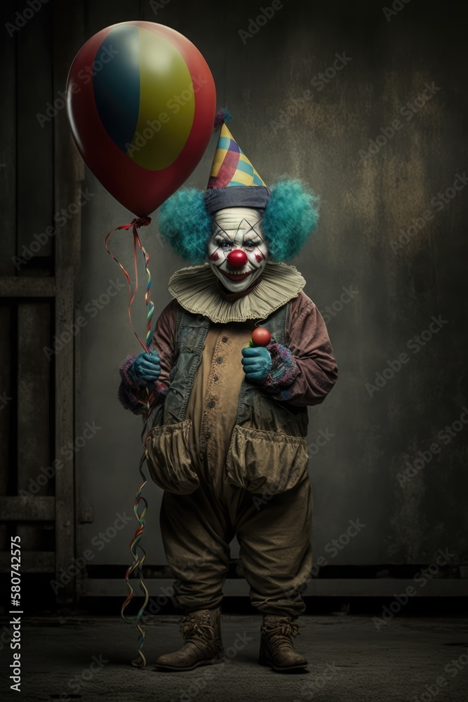 Scary clown holding balloon in blue wig, created using generative ai ...
