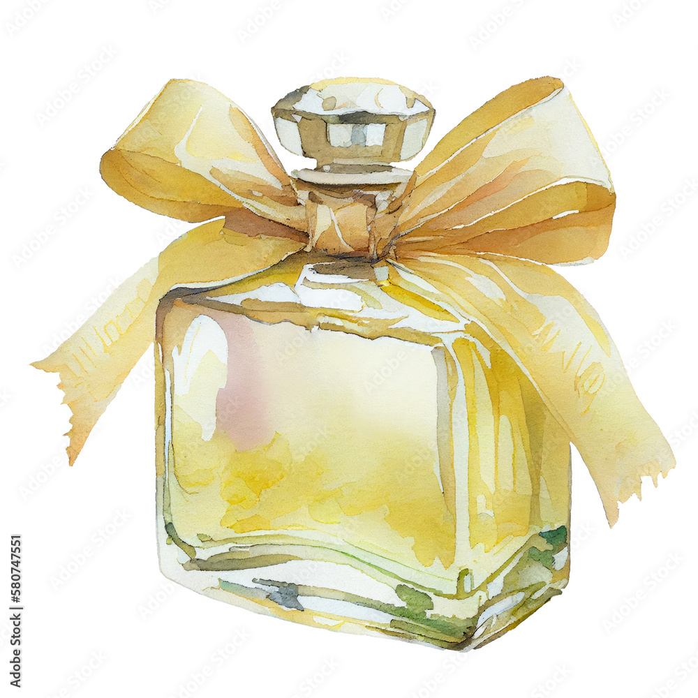 Yellow Ribbon Perfume Bottle, Watercolor Illustration, Aesthetic Luxury ...