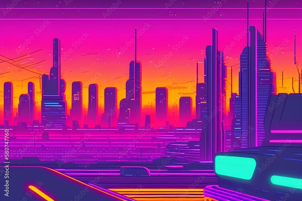Retro background night city landscape 1980s style. 80s Sci-Fi ...