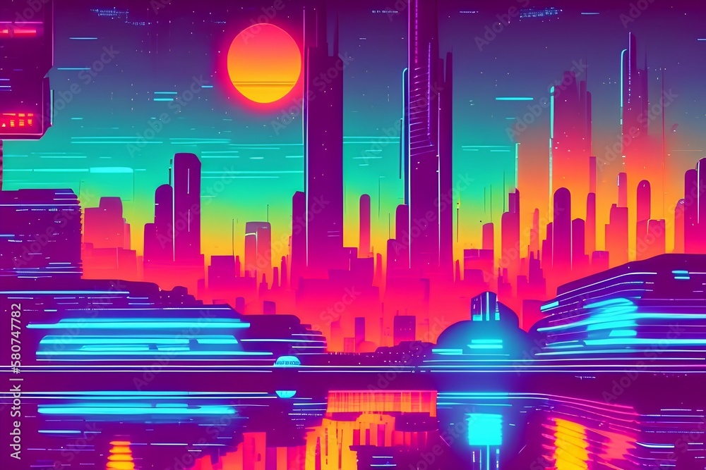 Retro background night city landscape 1980s style. 80s Sci-Fi ...