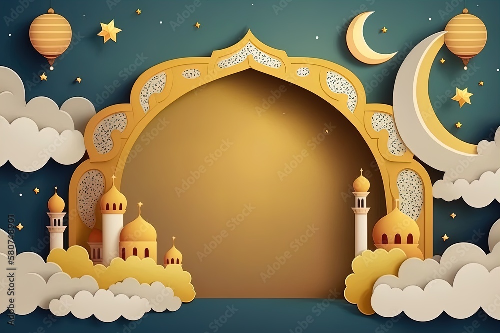 3d ramadan kareem template with mosque, muslim buildings with crescent ...