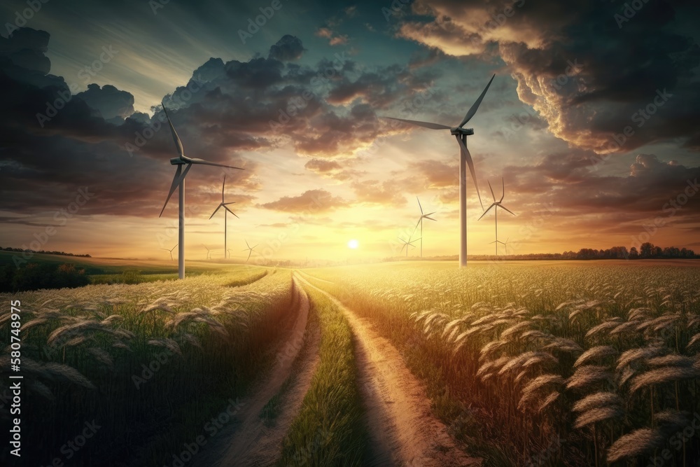 Field dotted with rows upon rows of windmills or wind turbine energy ...