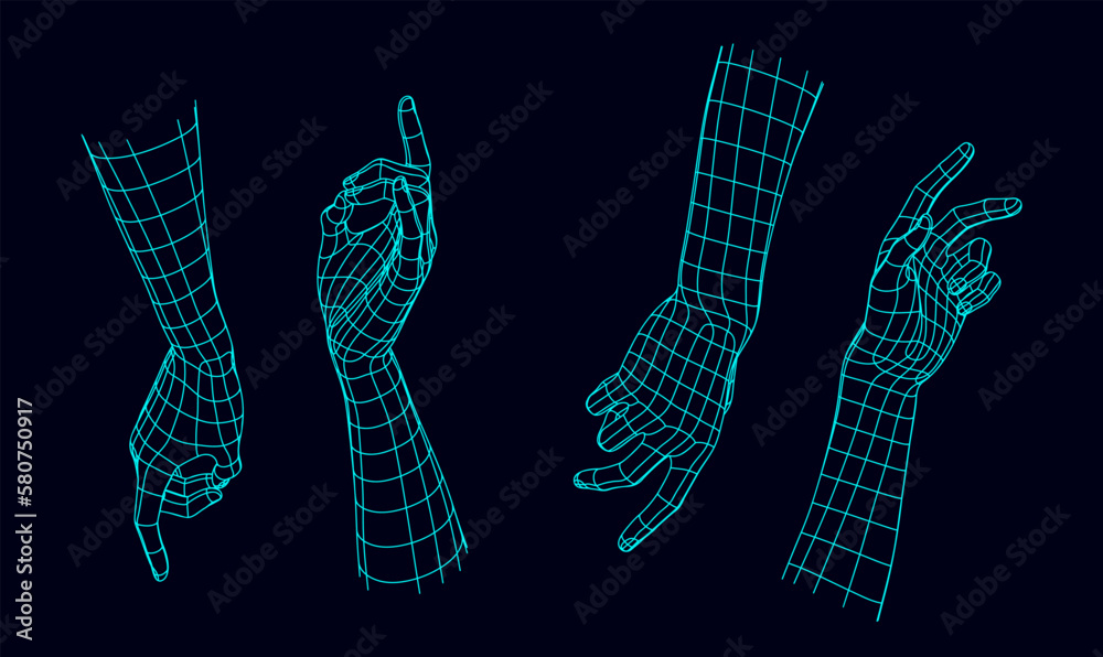 Polygonal Mesh or Wireframe Hands and Gestures, Set 3 Stock Vector ...