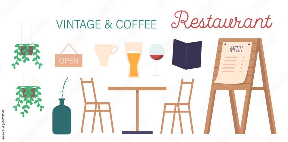 Set of Street Cafe Items. Coffee Cup, Beer, Wine, Menu and Plants ...