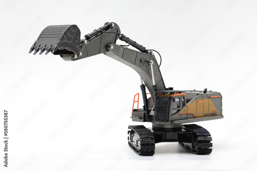 Backhoe hydraulic Excavator with bucket. side view. Wide angle ...