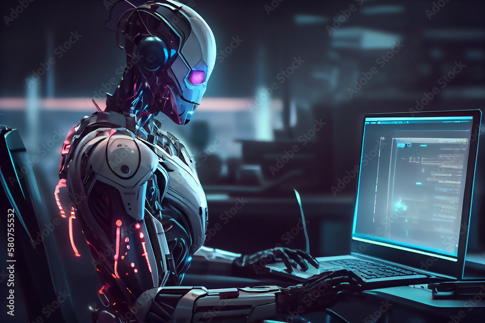 Working in the Future: Futuristic Cyborg with Robotic Arm Conducting ...