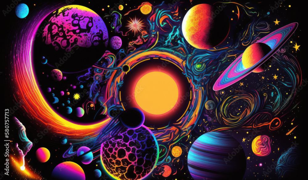 Colorful psychedelic galaxy and planets in space illustration Stock ...