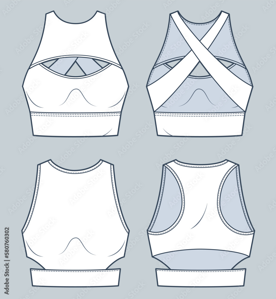 Set of Crop Top technical fashion illustration. Sports Bra fashion flat ...