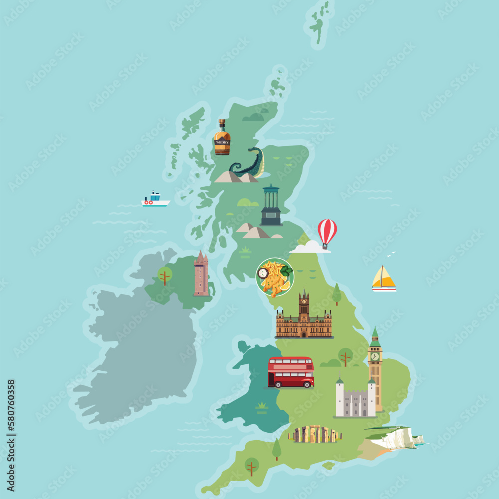 Map of United Kingdom with famous landmarks. Stock Vector | Adobe Stock
