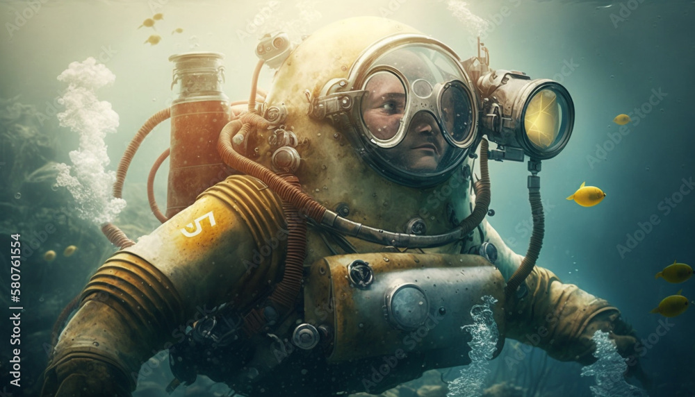 A deep sea diver is diving on the sea floor. Using modern technology ...