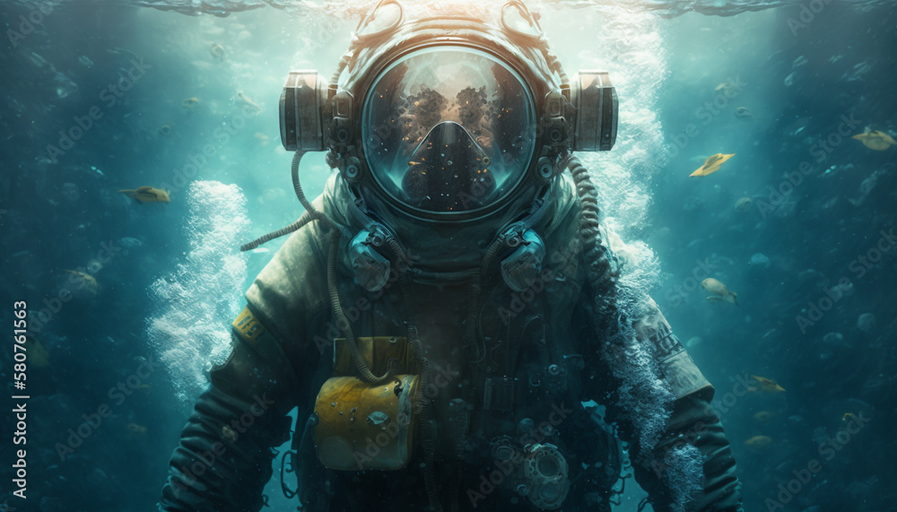 ภาพประกอบสต็อก A deep sea diver is diving on the sea floor. Using ...