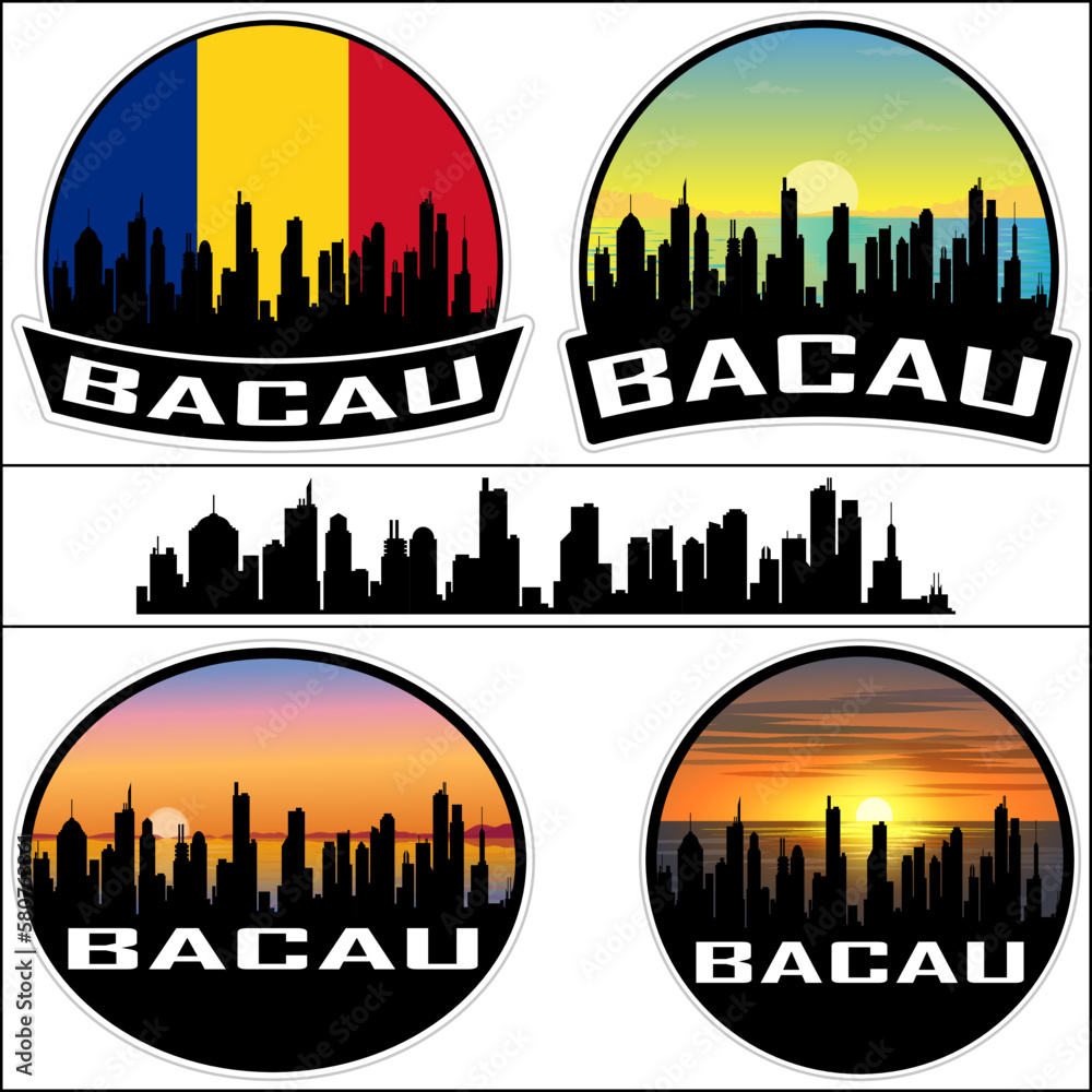 Bacau Skyline Silhouette Romania Flag Travel Souvenir Sticker Sunset ...