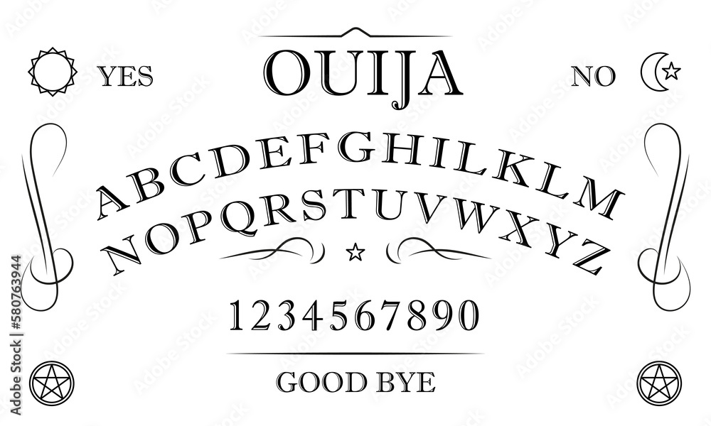 Ouija Board. Black and white symbols of moon ,sun, texts and alphabet ...