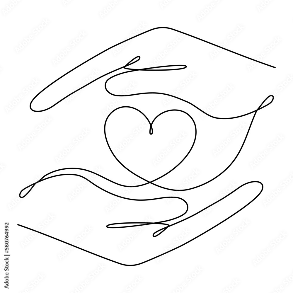 Hands holding heart continuous one line art drawing. Charity donation ...