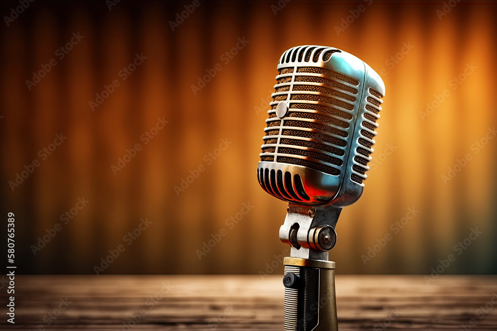 Retro style microphone on a stage with bokeh lights in background ...
