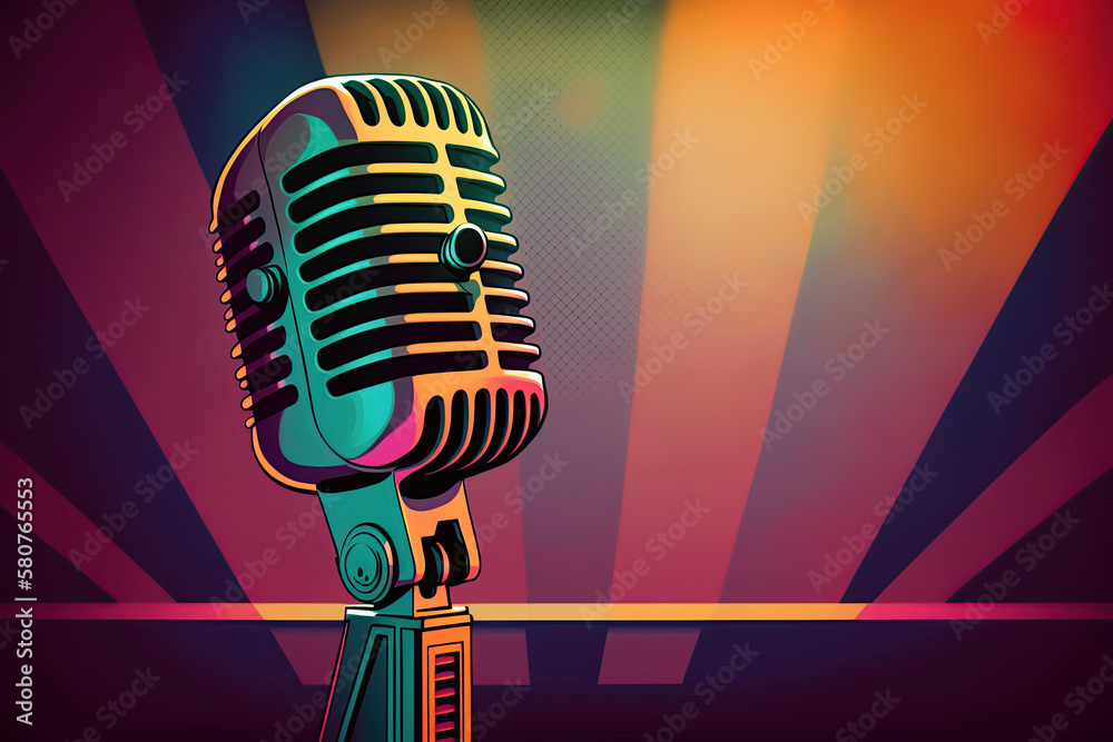 Retro style microphone on a stage with comic background. generative ai ...