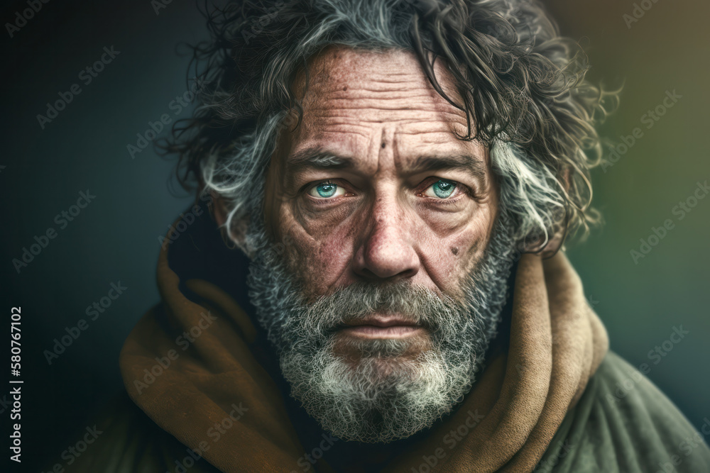 Homeless poor beggar senior man with grey hair on solid studio ...