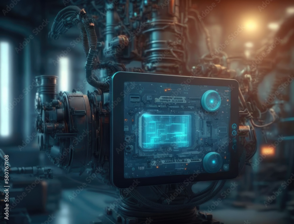 Industry 4.0 Robot concept .Engineers use laptop computers for machine ...