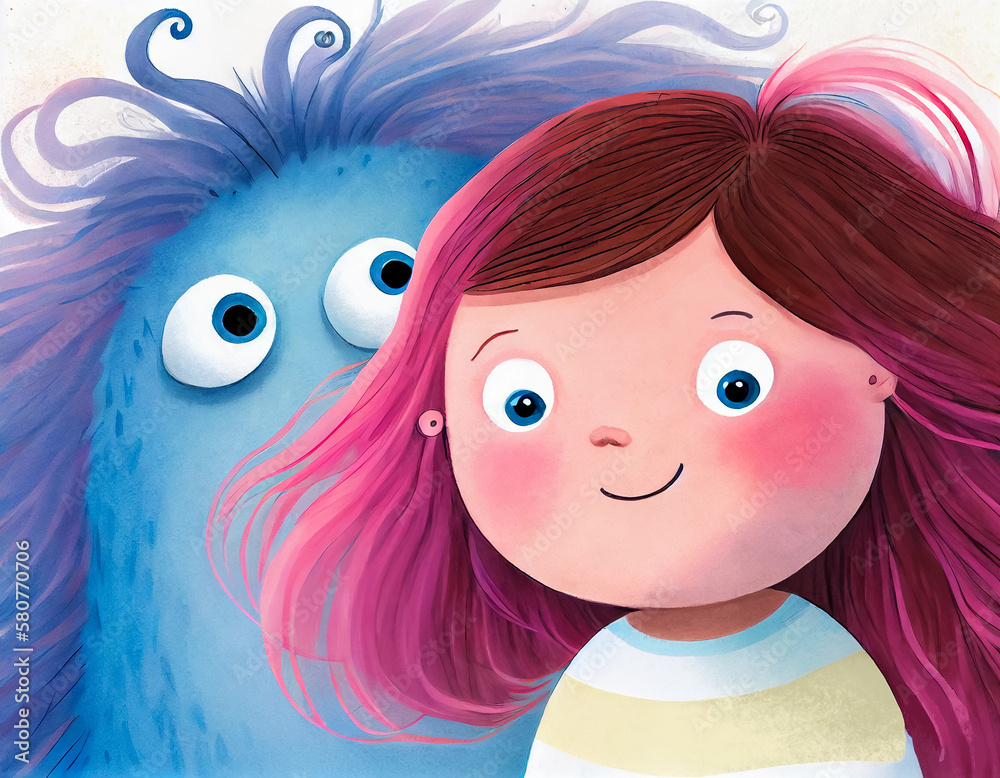 Smiling little girl with pink hair with big blue cute monster friend ...