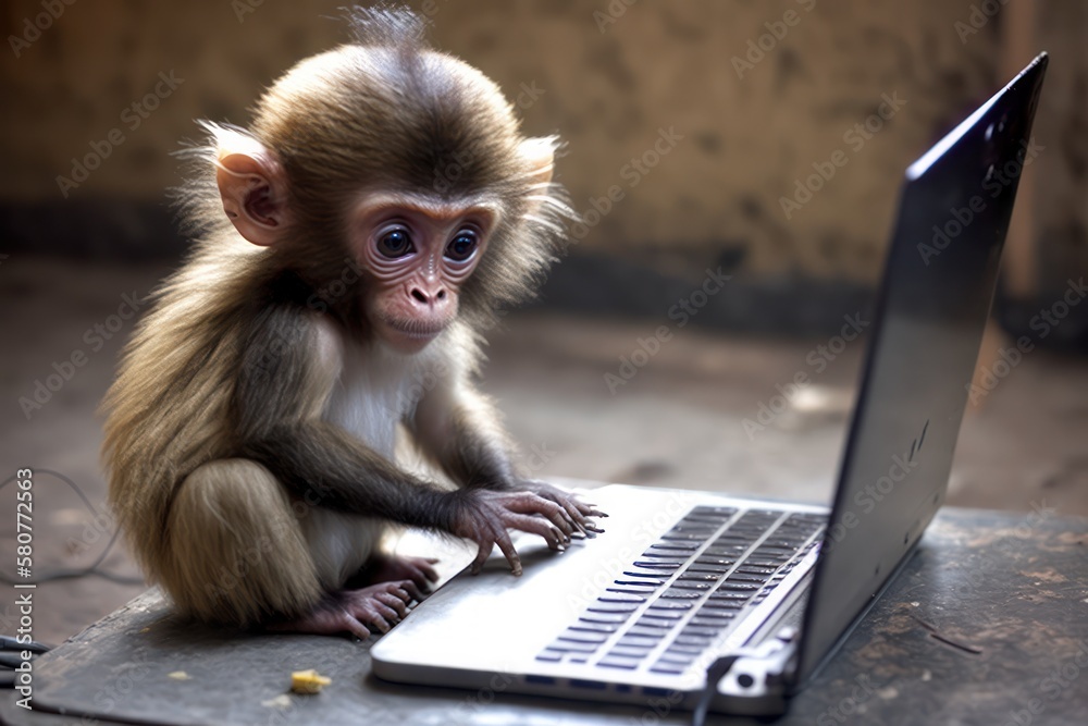 Baby cute monkey typing and playing on computer as digital illustration ...