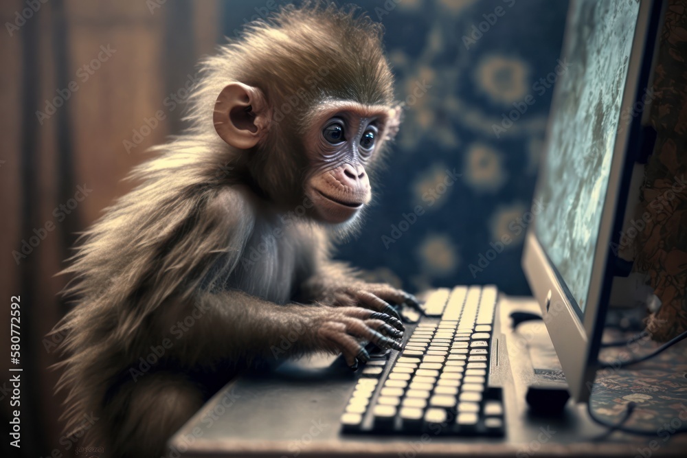 Baby cute monkey typing and playing on computer as digital illustration ...