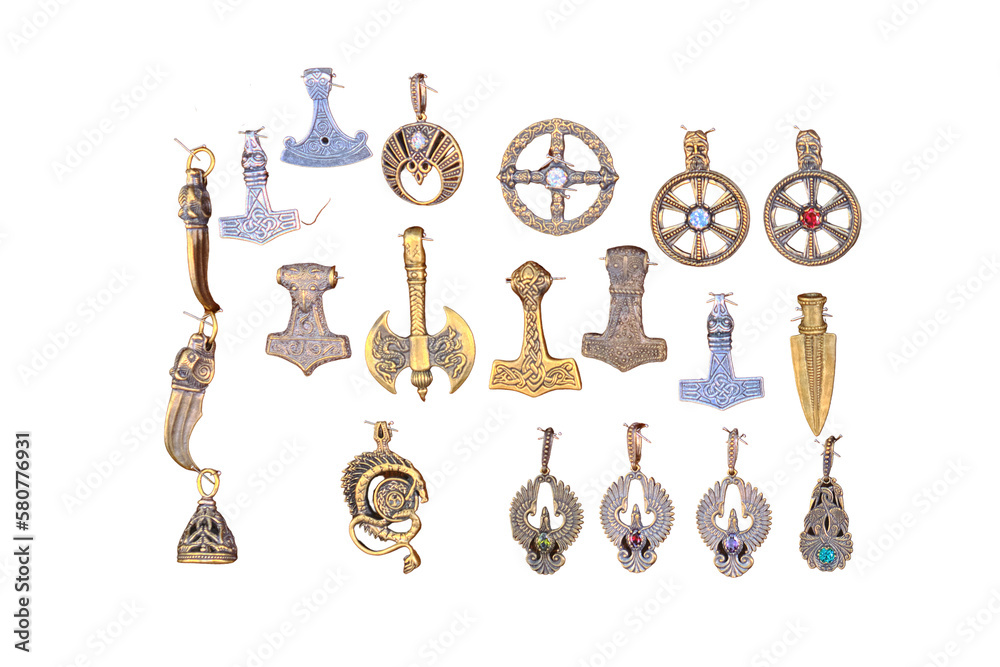 Collection of ancient signs and amulets, isolated on a white background ...