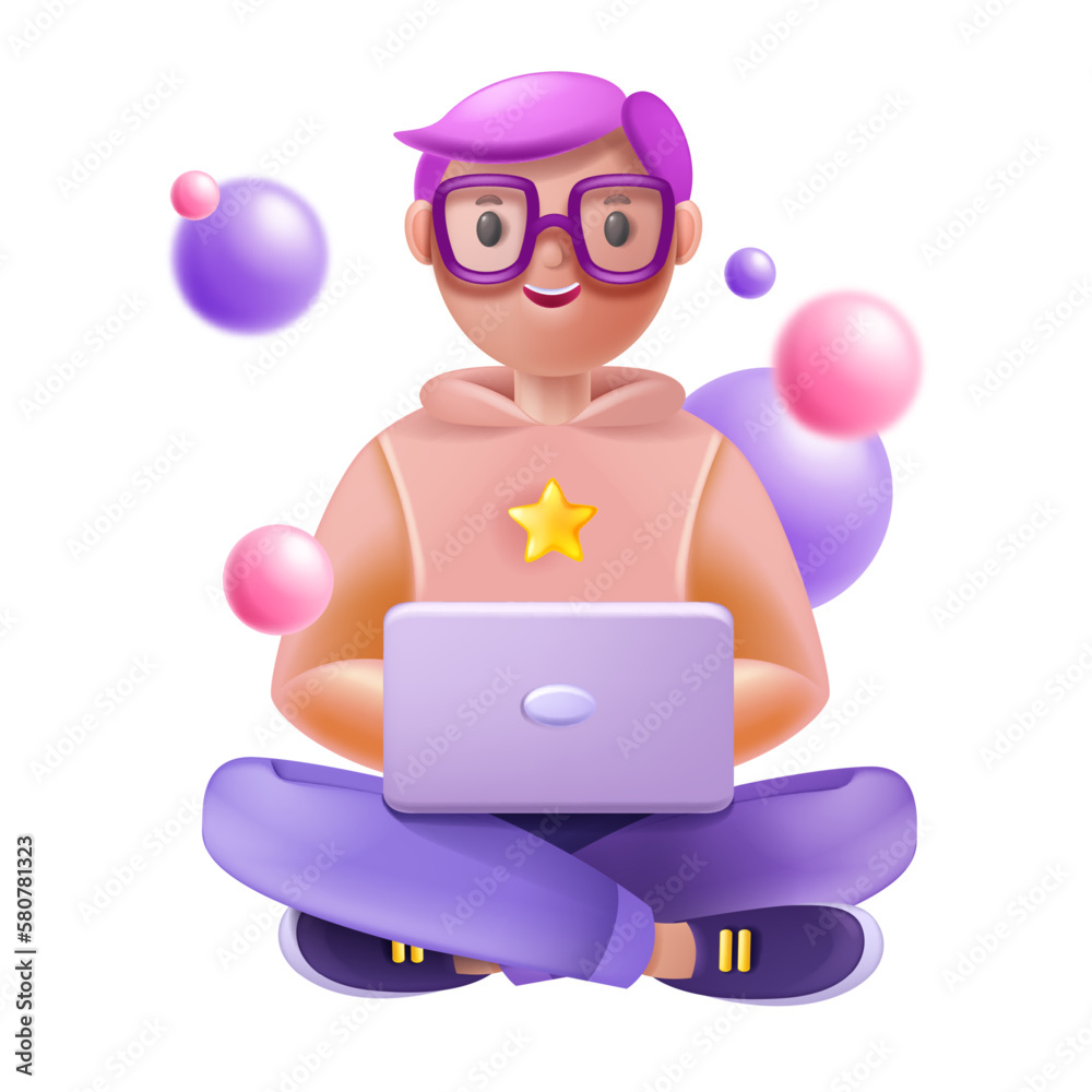 3D kid online, school remote education concept, vector cartoon sitting ...