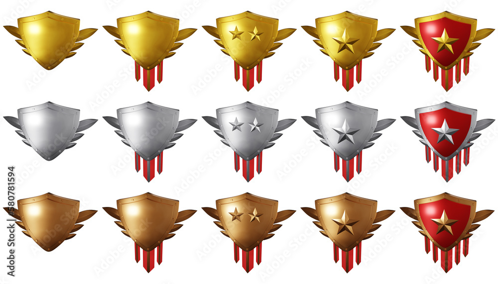 3D gold silver bronze shield set, realistic metal trophy, medieval ...