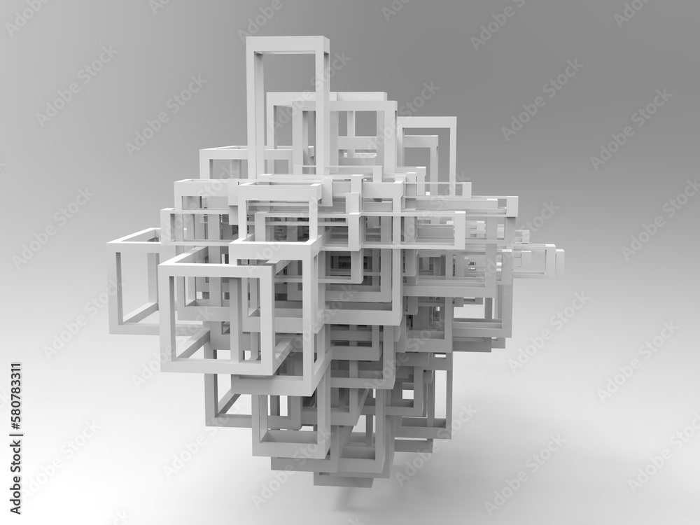 Abstract Cubic Construction - 3D Image Cube Frame isolated on White ...