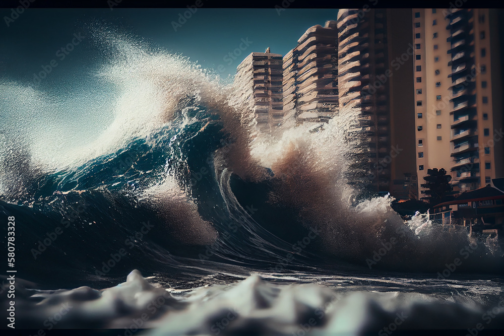 Huge tsunami hits the city. Dramatic scenery with a big wave flooding ...