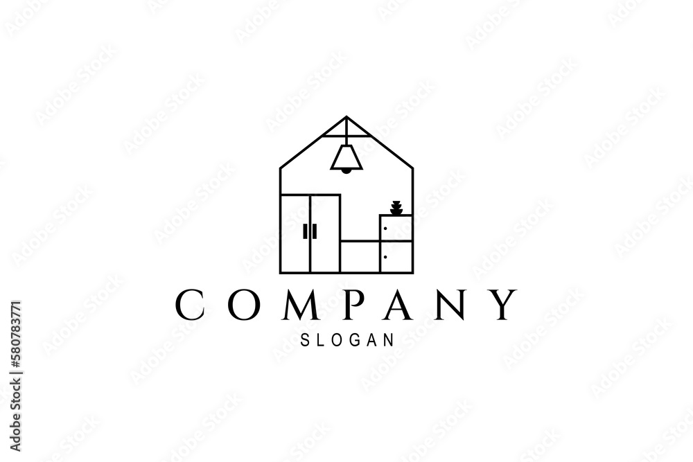 Line art vector logo an image of a house with furniture inside. Stock ...