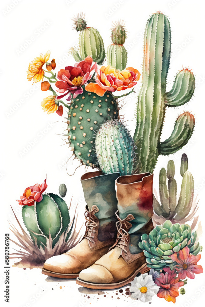cowboy boots cacti and flowers, Watercolor, White background ...
