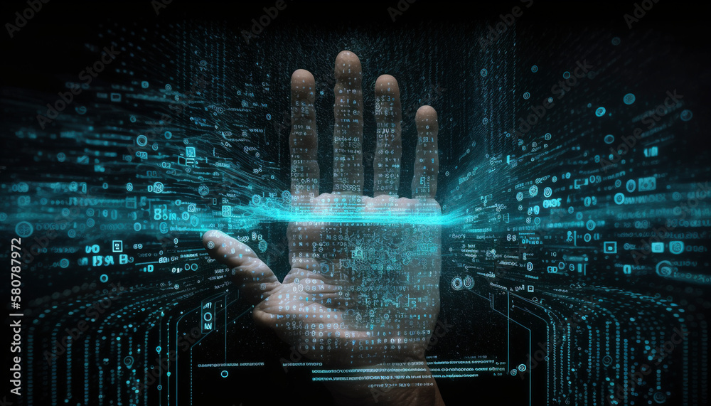 People working at futuristic desks with computer displays and neon ...