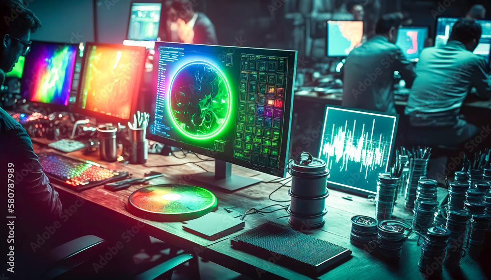 People working at futuristic desks with computer displays and neon ...