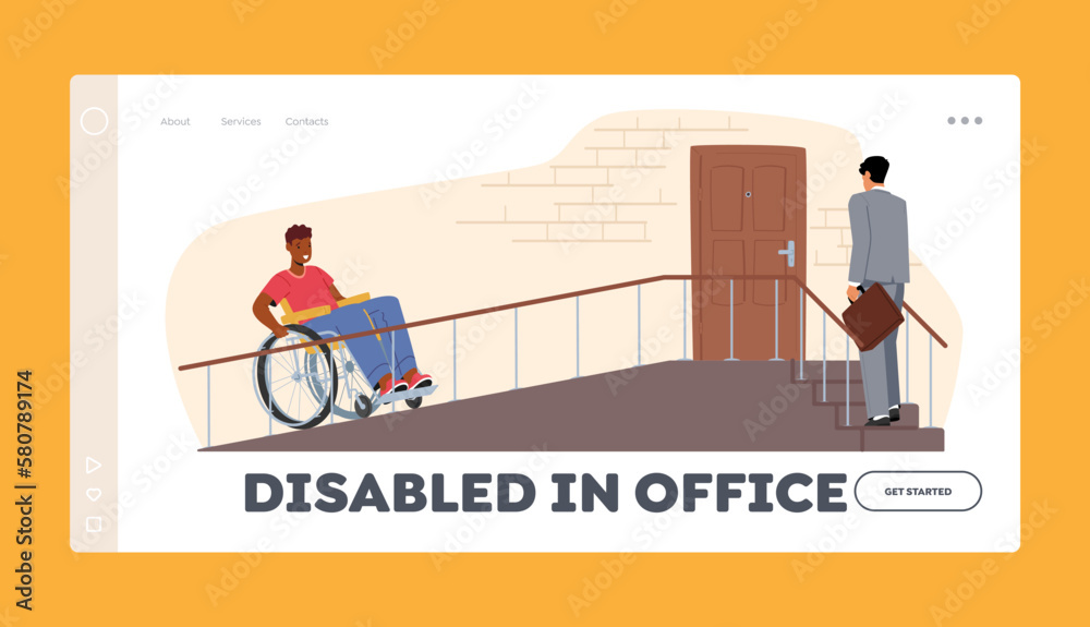 Disabled in Office Landing Page Template. Male Character on Wheelchair ...