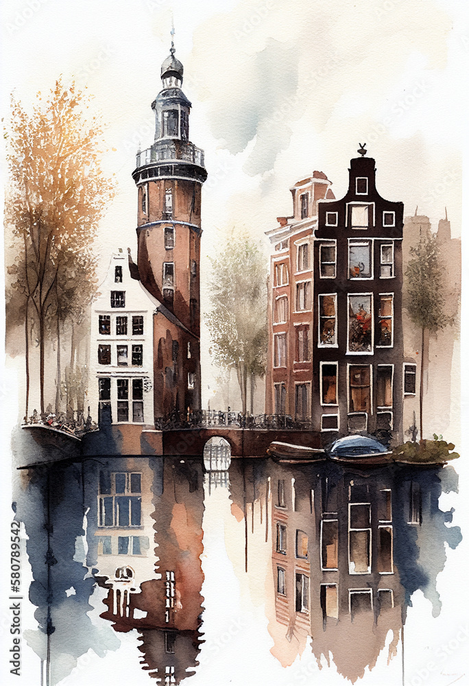 Watercolor cityscape of the city of Amsterdam, capital of the ...