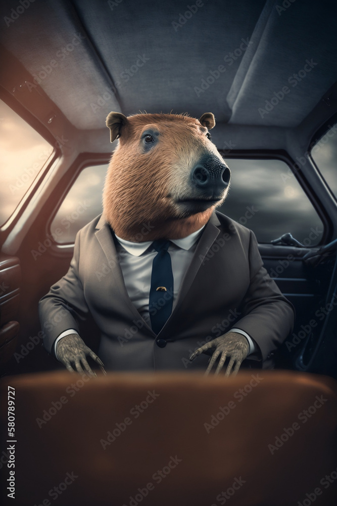 Capybara sitting in an expensive modern car in a classic suit, view ...